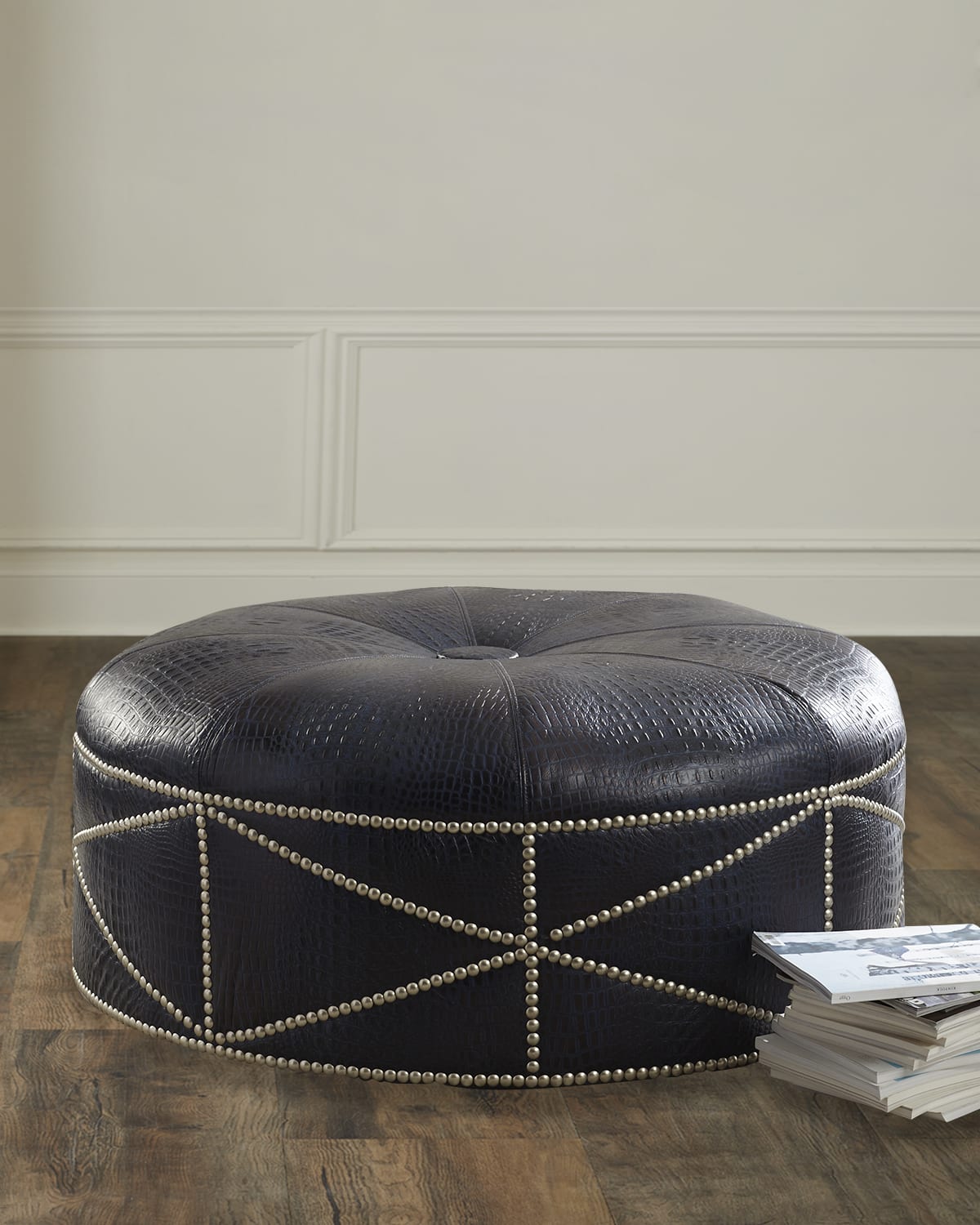 Massoud Hamish Embossed Leather Ottoman | Horchow