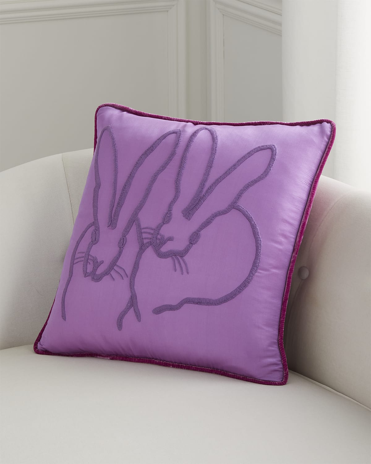 Hunt Slonem Hand-Embroidered Silk 2 Bunny Pillow | Horchow
