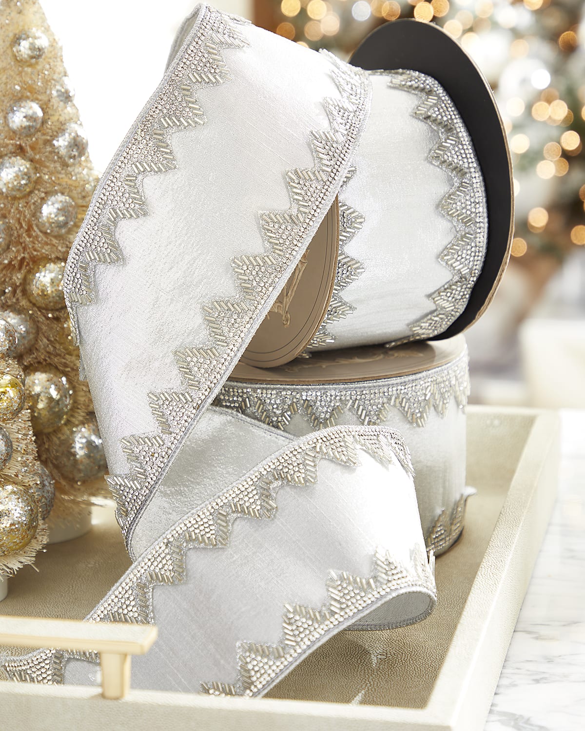 D. Stevens Platinum Metallic Mesh Ribbon, 3" x 25 Yards | Horchow