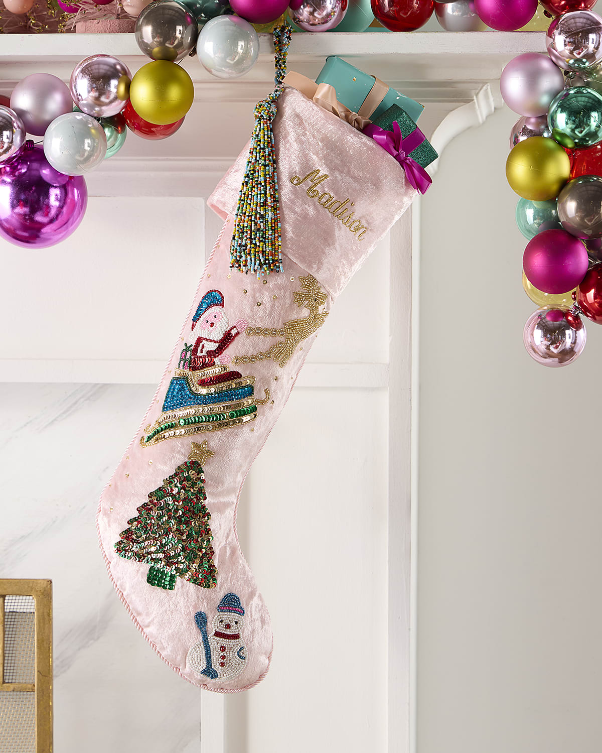 Sudha Pennathur Beaded Santa and Tree Velvet Christmas Stocking | Horchow