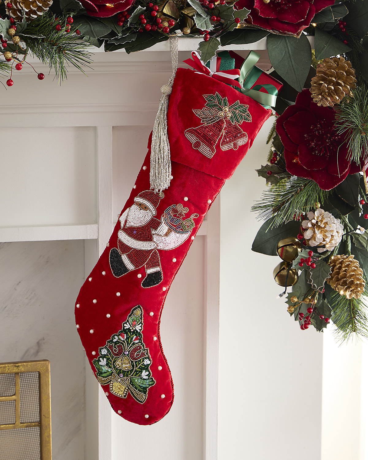 Sudha Pennathur Beaded Santa and Reindeer Velvet Christmas Stocking ...