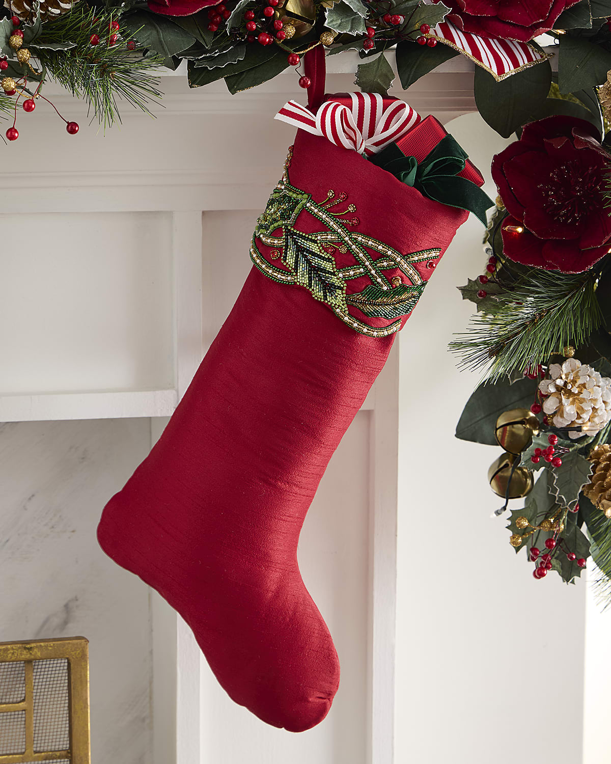 Neiman Marcus Beaded Holly Leaves Classic Christmas Stocking ...