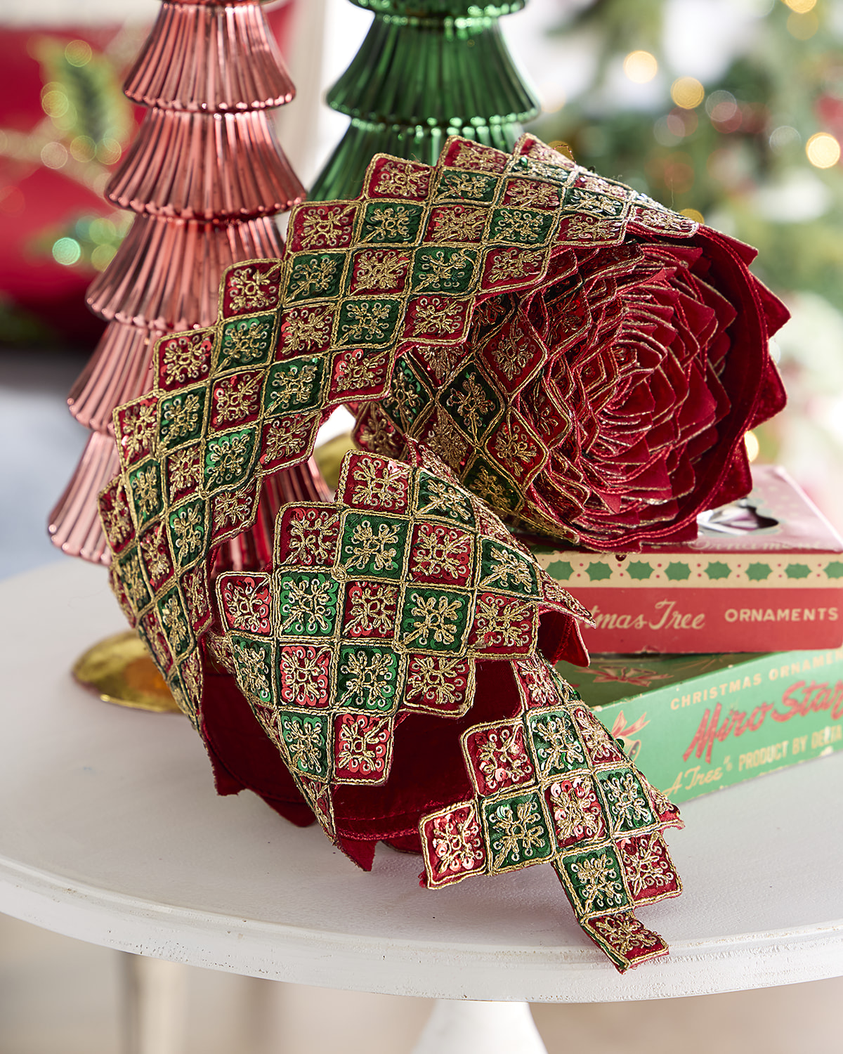 D. Stevens Red Metallic Velvet Jeweled Tracery Ribbon, 4" x 5 yds | Horchow