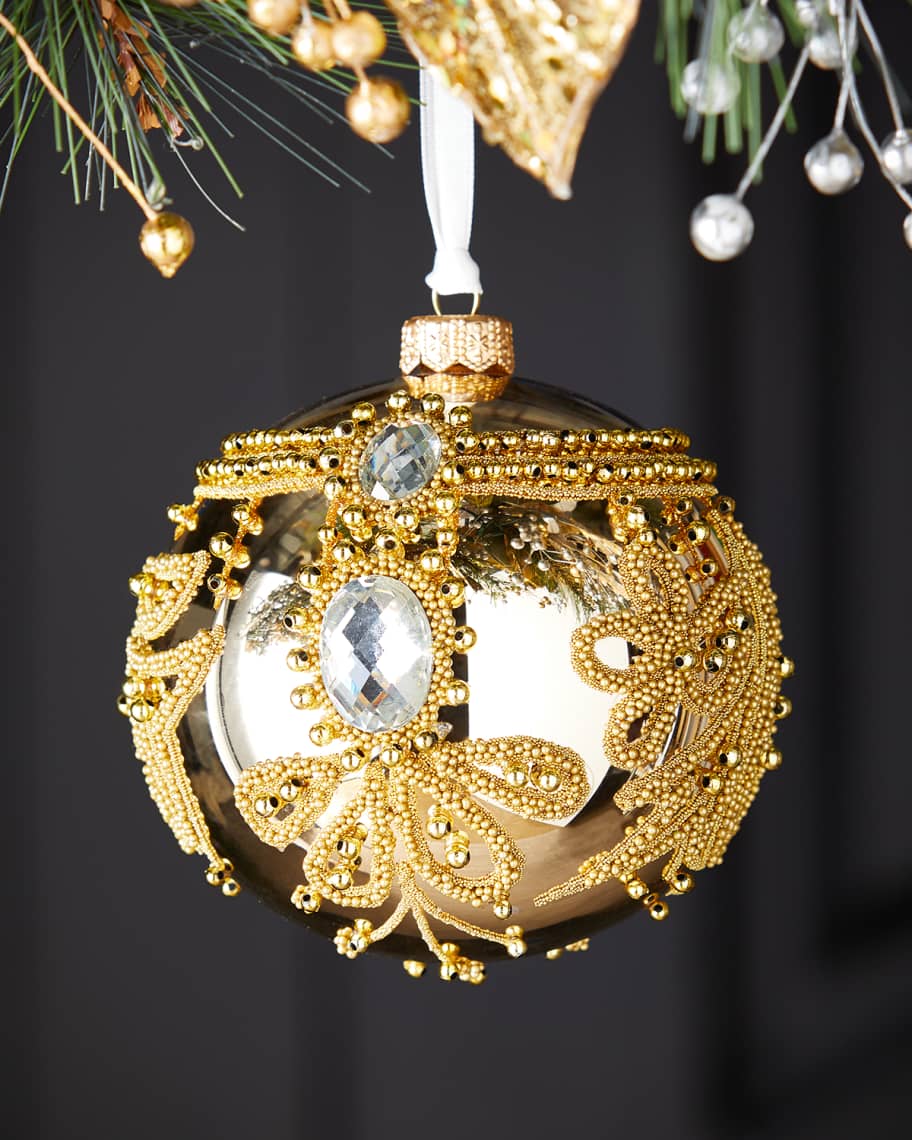 Shiny Gold Ball With Beads Christmas Ornament | Horchow