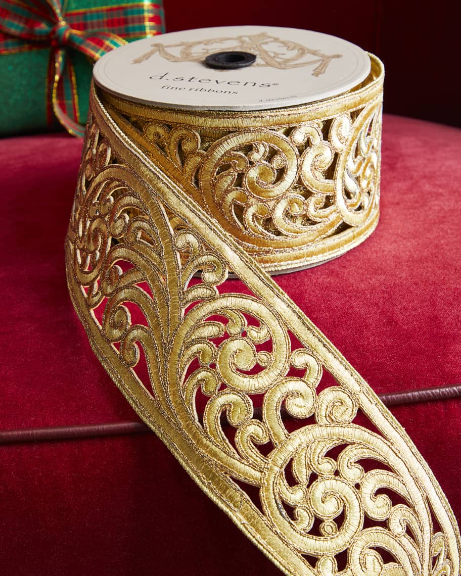 D. Stevens Metallic Gold Scroll Ribbon, 3.5"W x 10 Yards | Horchow