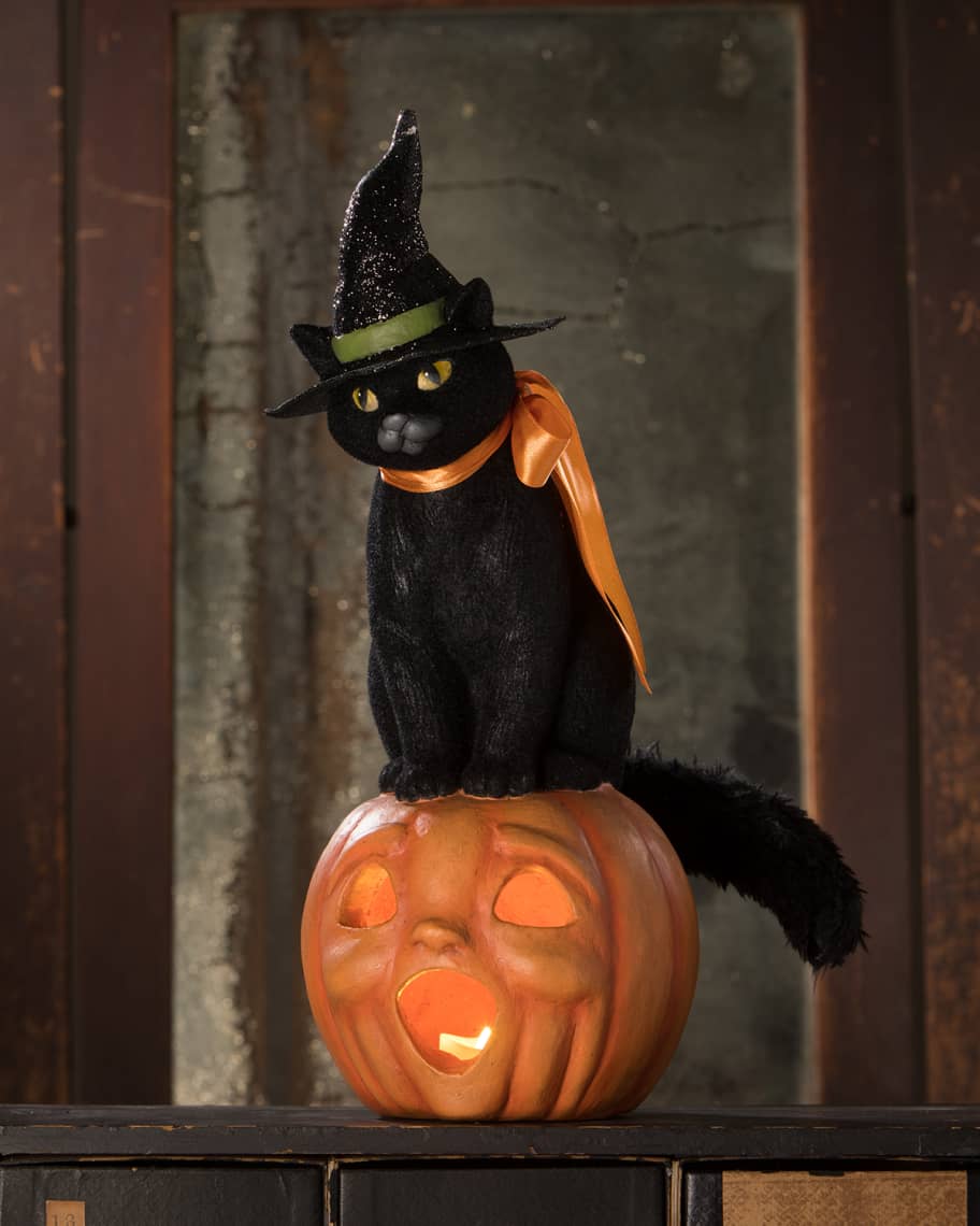 Bethany Lowe Black Cat Witch On Jack O'Lantern Decoration | Horchow