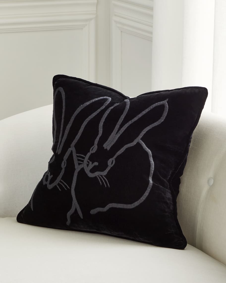 Hunt Slonem Hand-Embroidered Velvet Bunny Pillow, Black | Horchow
