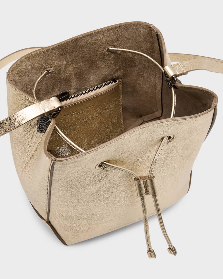 Brunello Cucinelli Small Drawstring Metallic Leather Bucket Bag