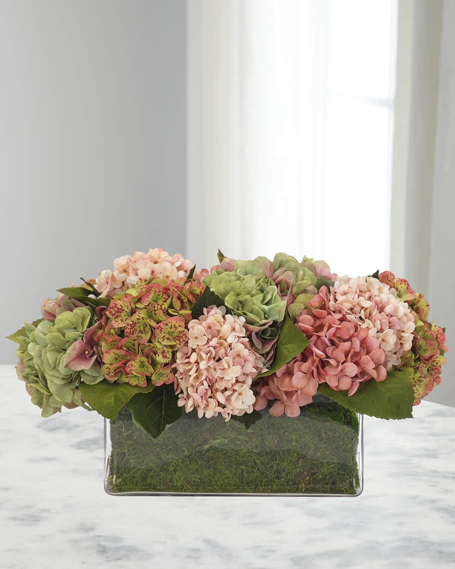 NDI Hydrangeas 21" Faux Floral Arrangement in a Moss Glass Rectangle | Horchow