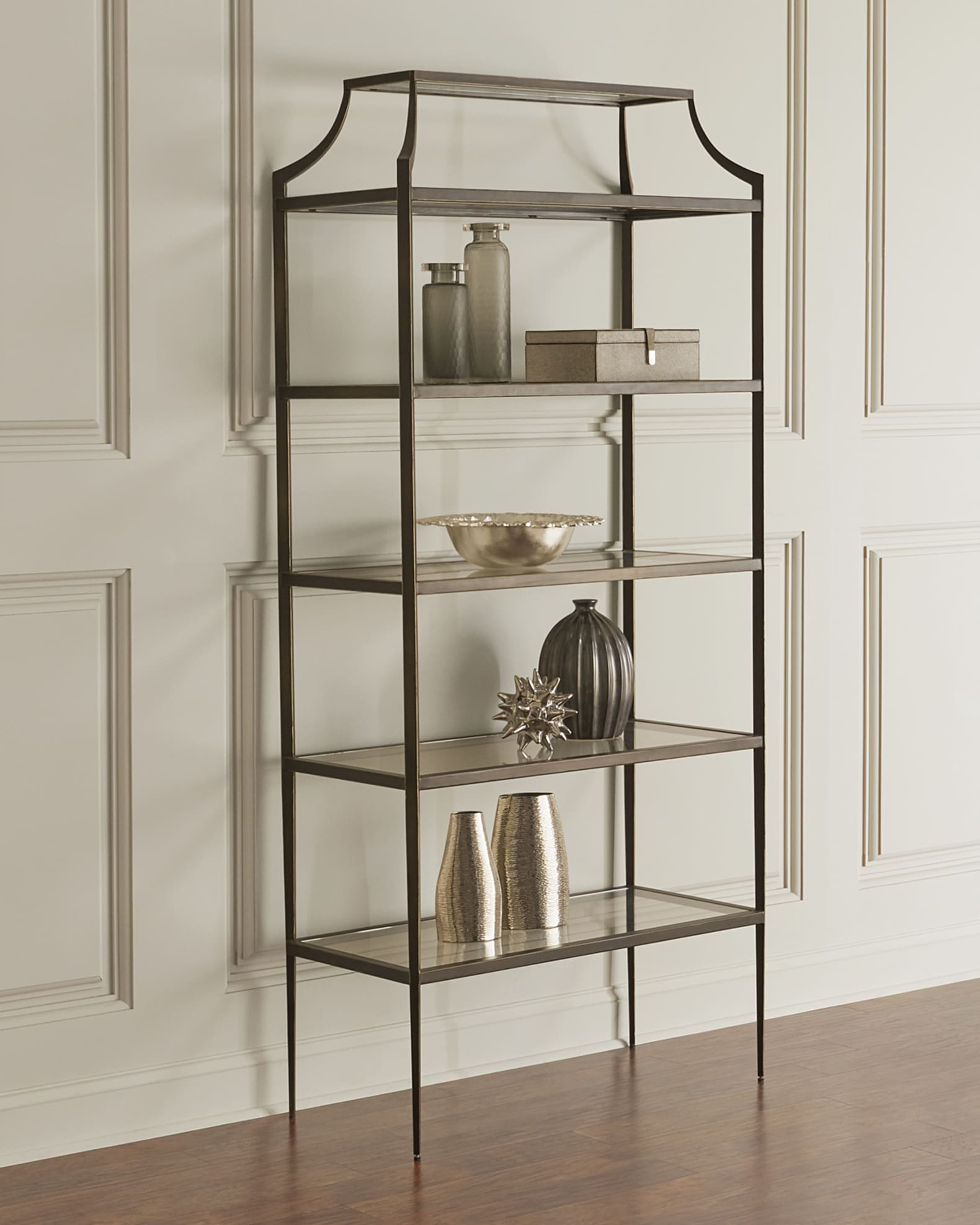 Metal etagere glass shelves store