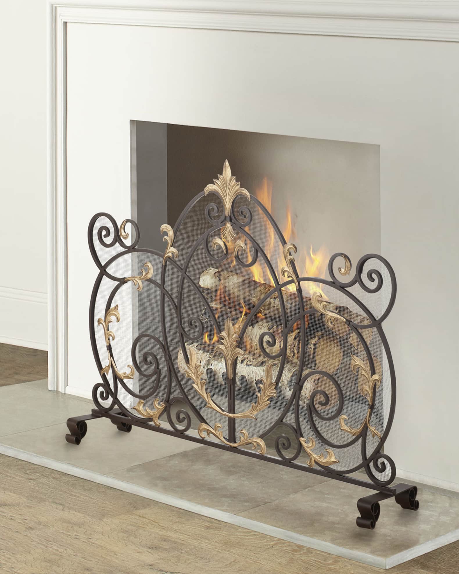Dark Brown Iron Scroll Single Panel Fireplace Screen | Horchow