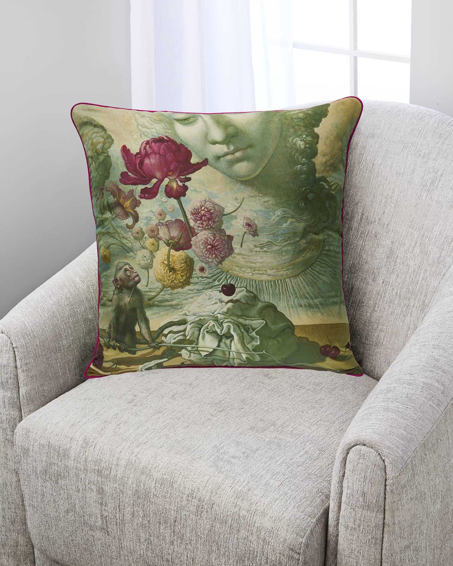 Yana Movchan Monkey with Dancing Flowers Silk Pillow | Horchow