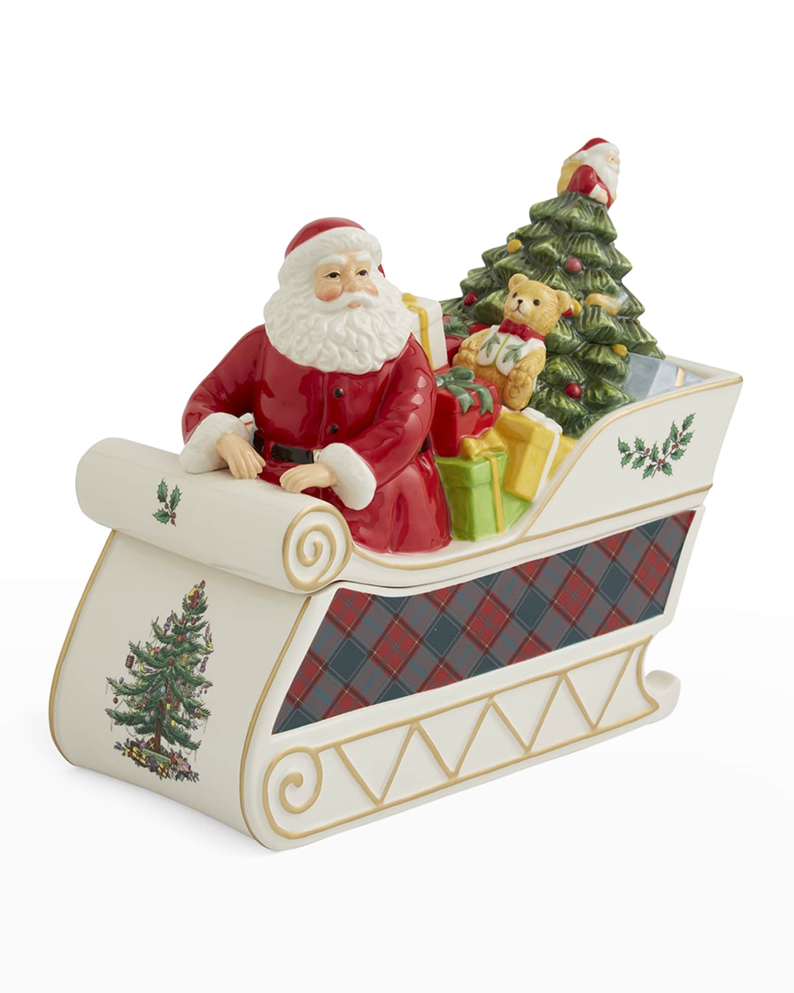 Spode Christmas Tree Tartan Figural Santa Sleigh Cookie Jar | Horchow