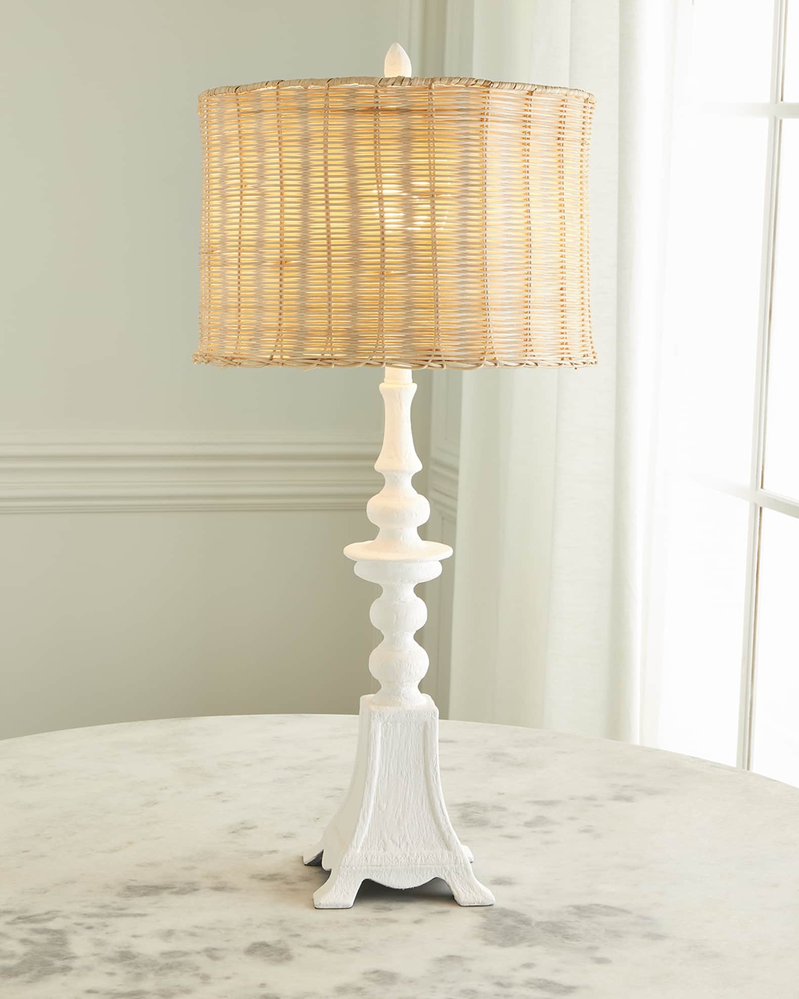 Old World Design Penny White Gesso Table Lamp With Natural Rattan | Horchow