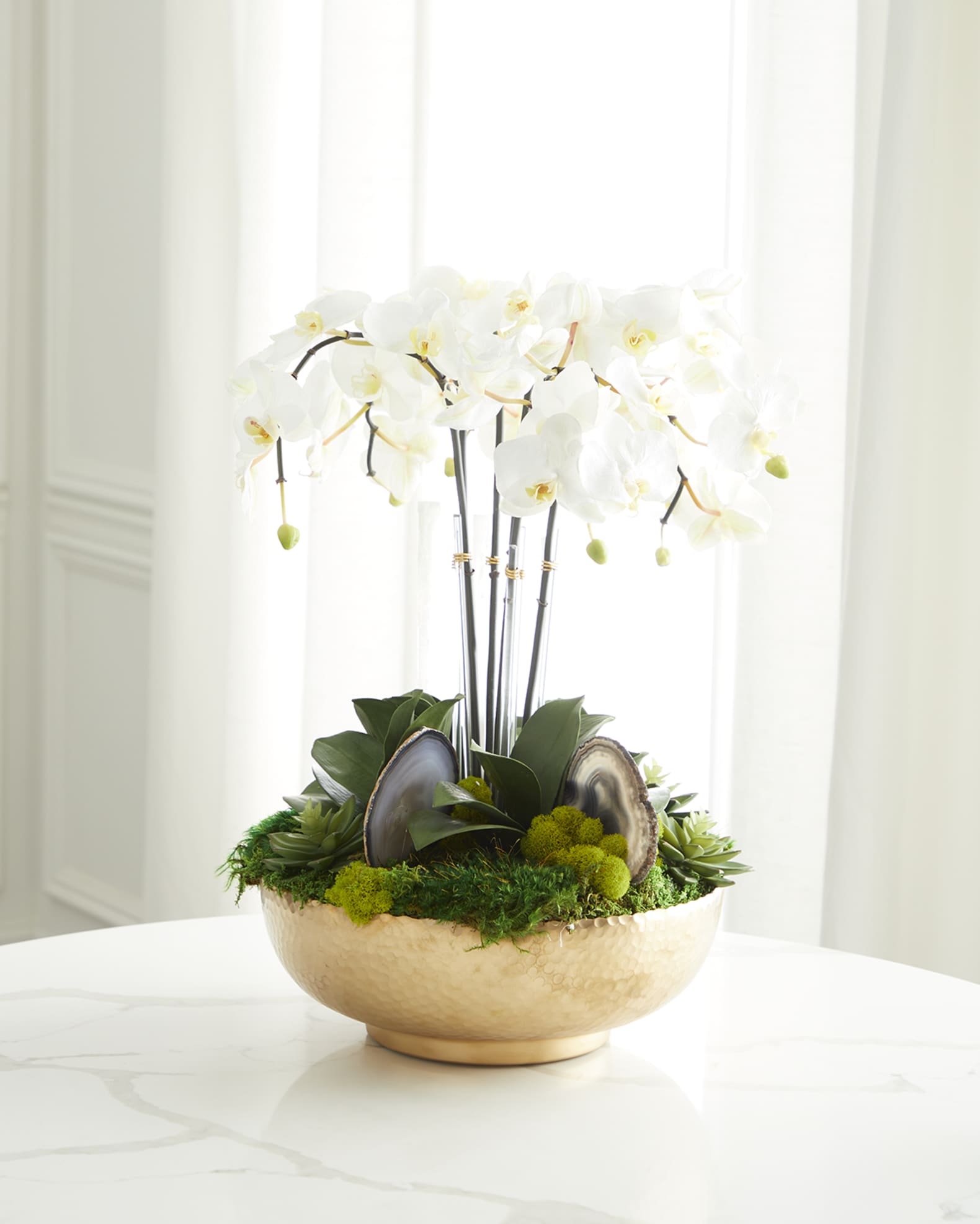 T C Floral Company Orchid Faux Florals in Gold Hammered Metal Bowl with Selenite Agate Slabs 24
