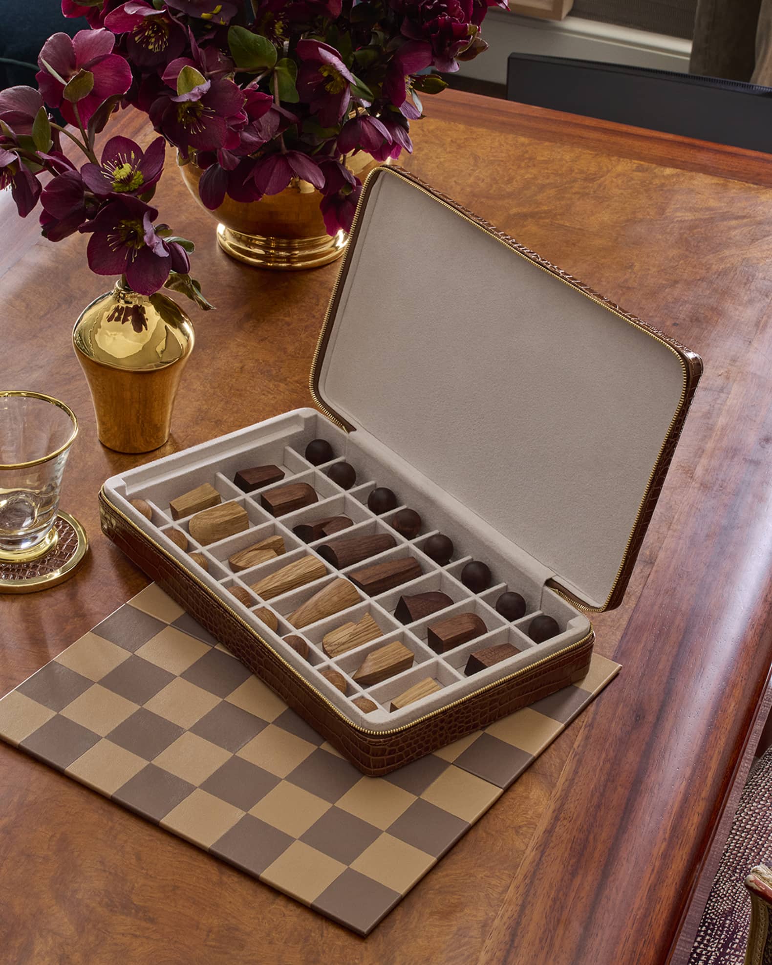 AERIN Enzo Leather Travel Chess Set | Horchow