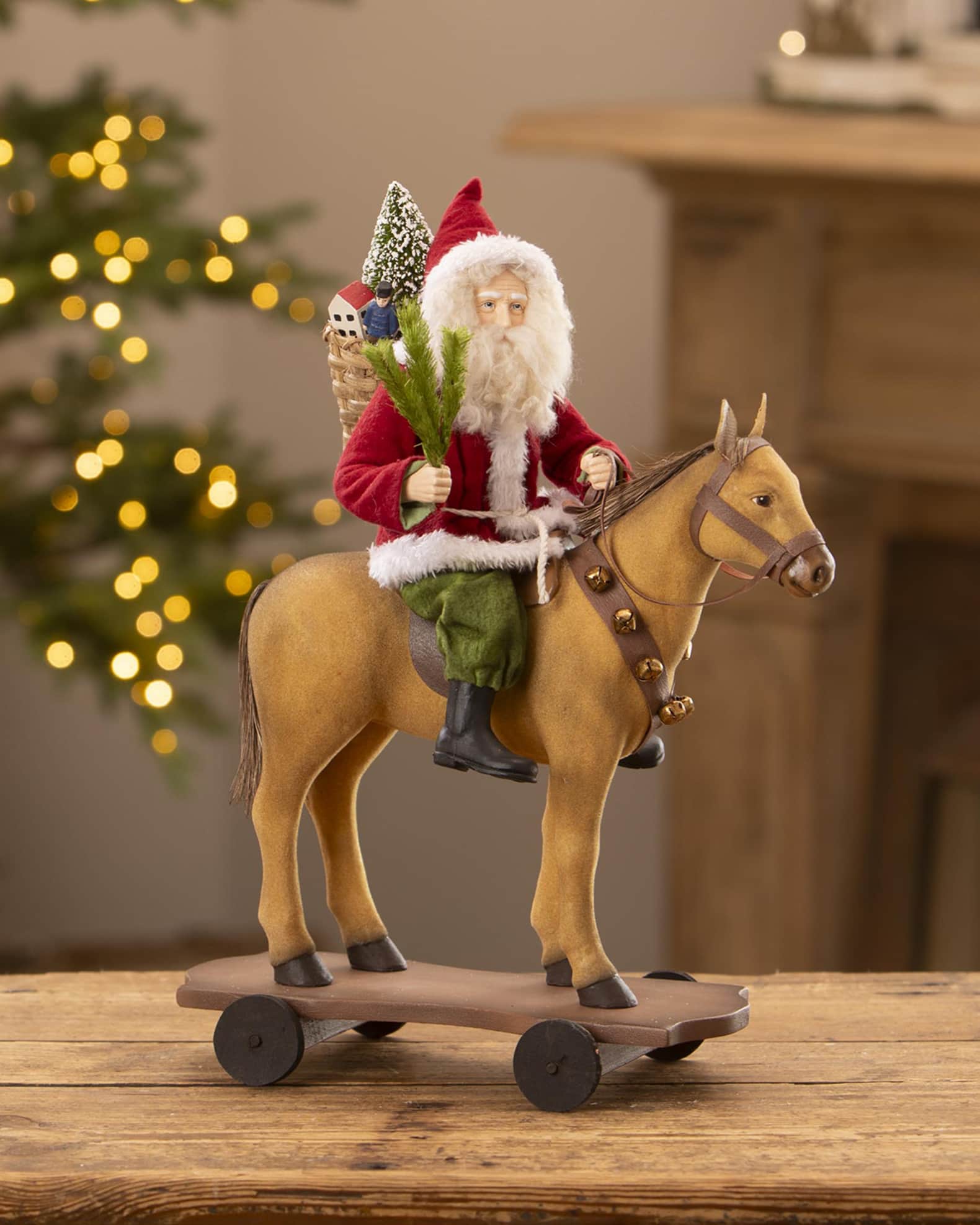 Bethany Lowe Santa Riding Horse Pull Toy Figurine | Horchow