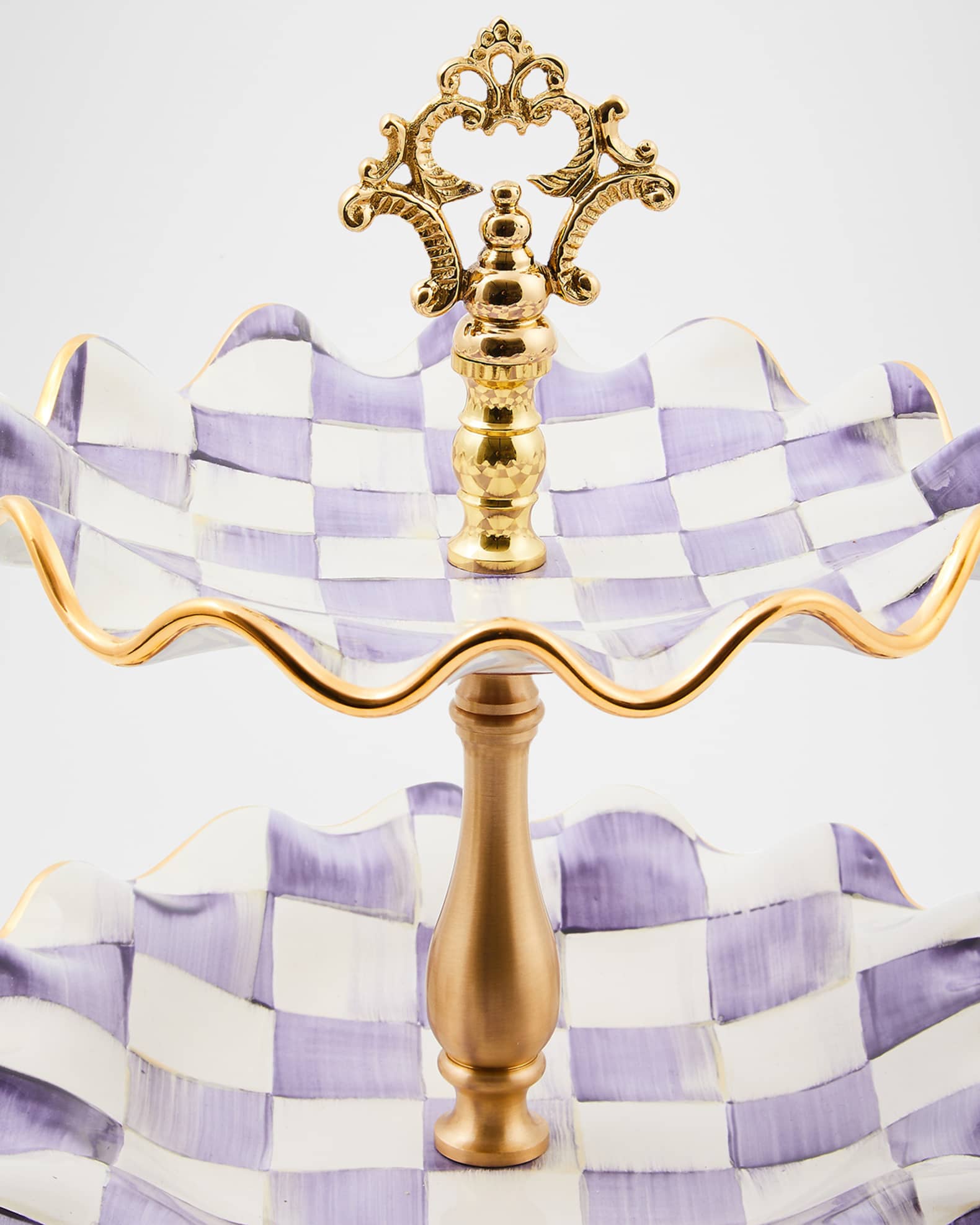 MacKenzie-Childs Plum Check Fluted Ceramic Three-Tier Sweet Stand | Horchow
