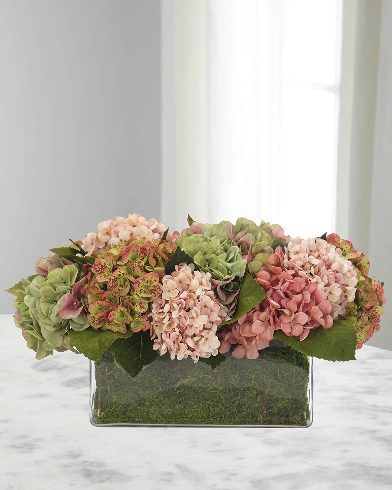 NDI Hydrangeas 21" Faux Floral Arrangement in a Moss Glass Rectangle | Horchow