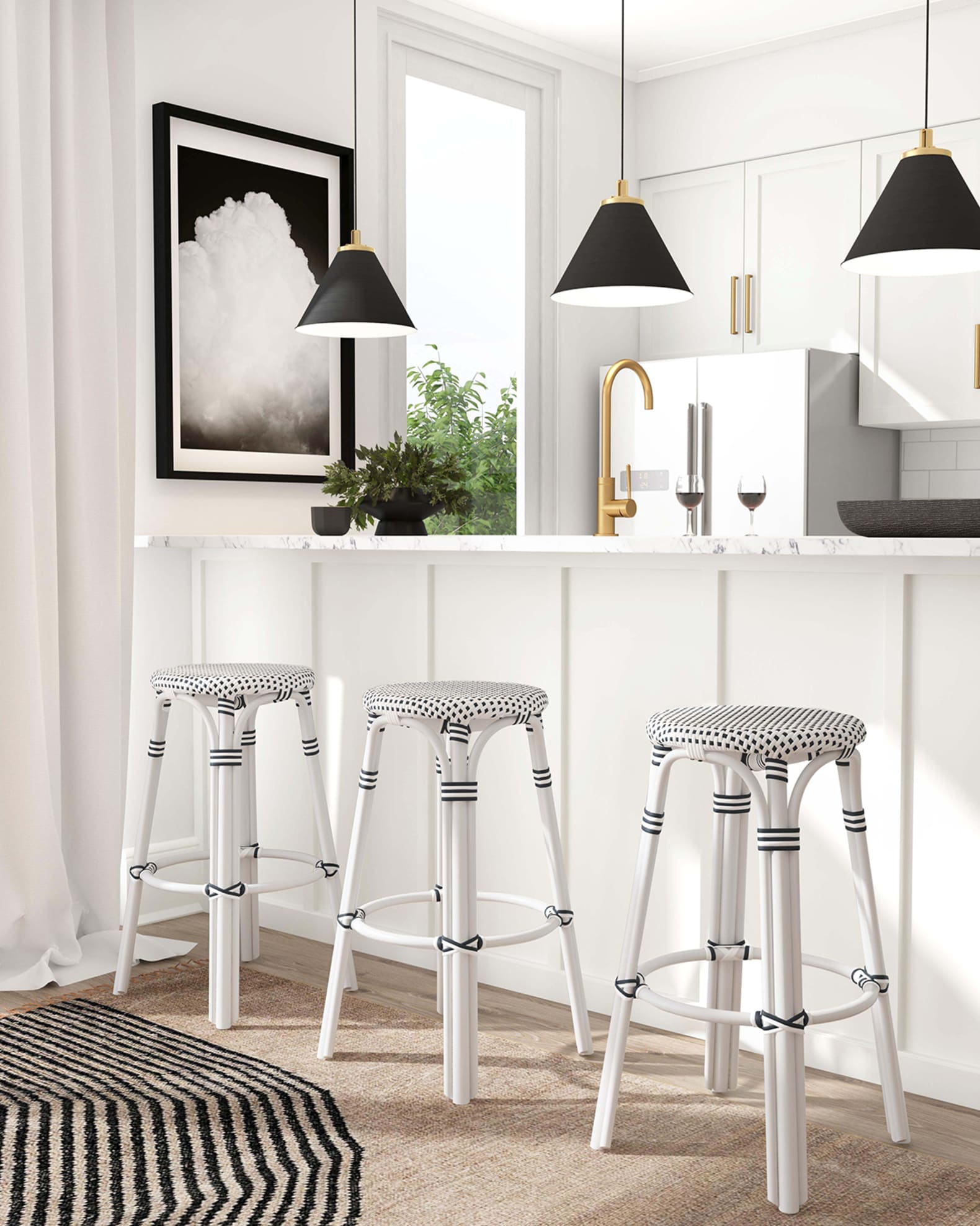 Butler Specialty Co Tobias 30" Rattan Bar Stool, White/Black Dot | Horchow