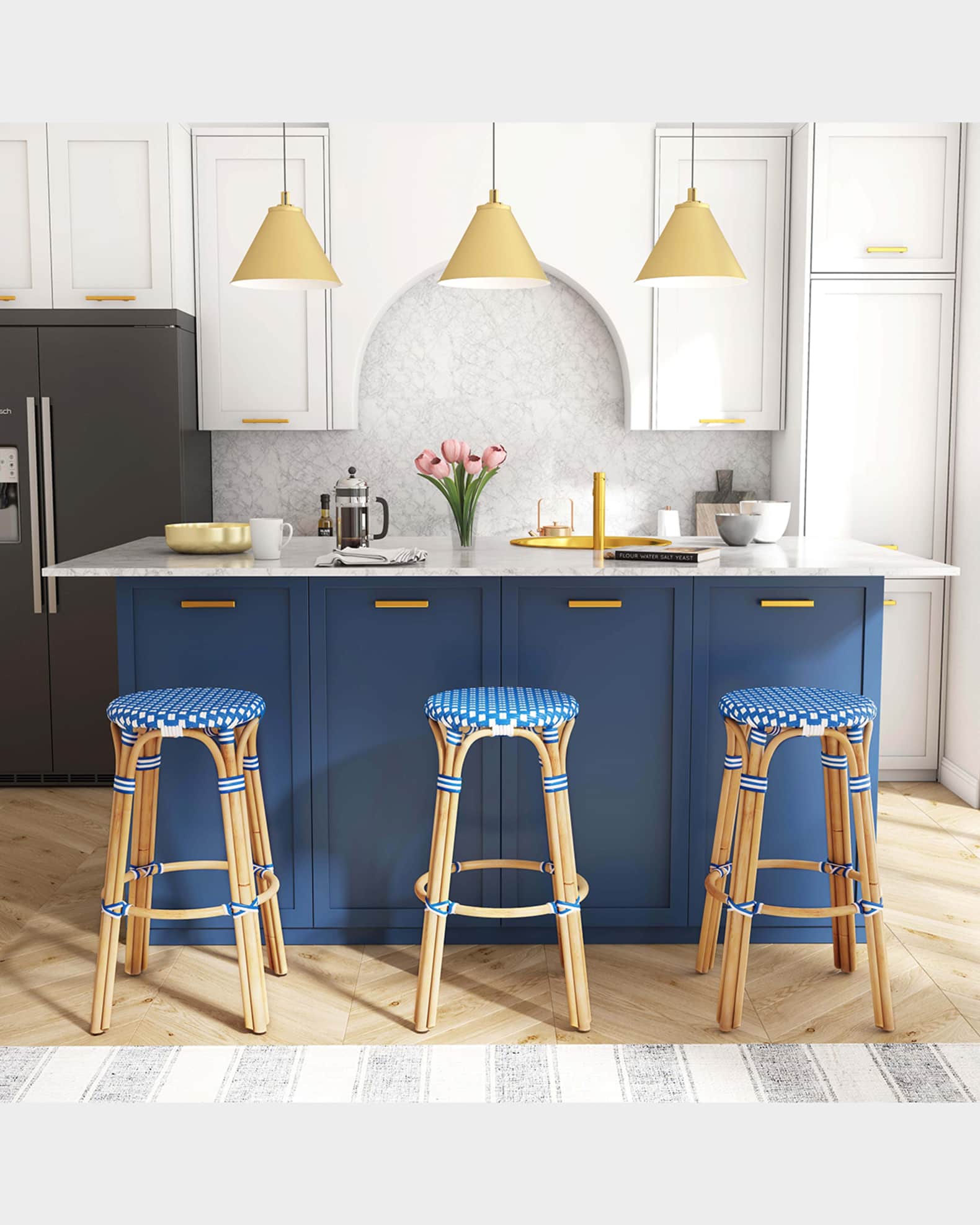 Butler Specialty Co Tobias 30" Rattan Bar Stool, Bright Blue/White Dot ...