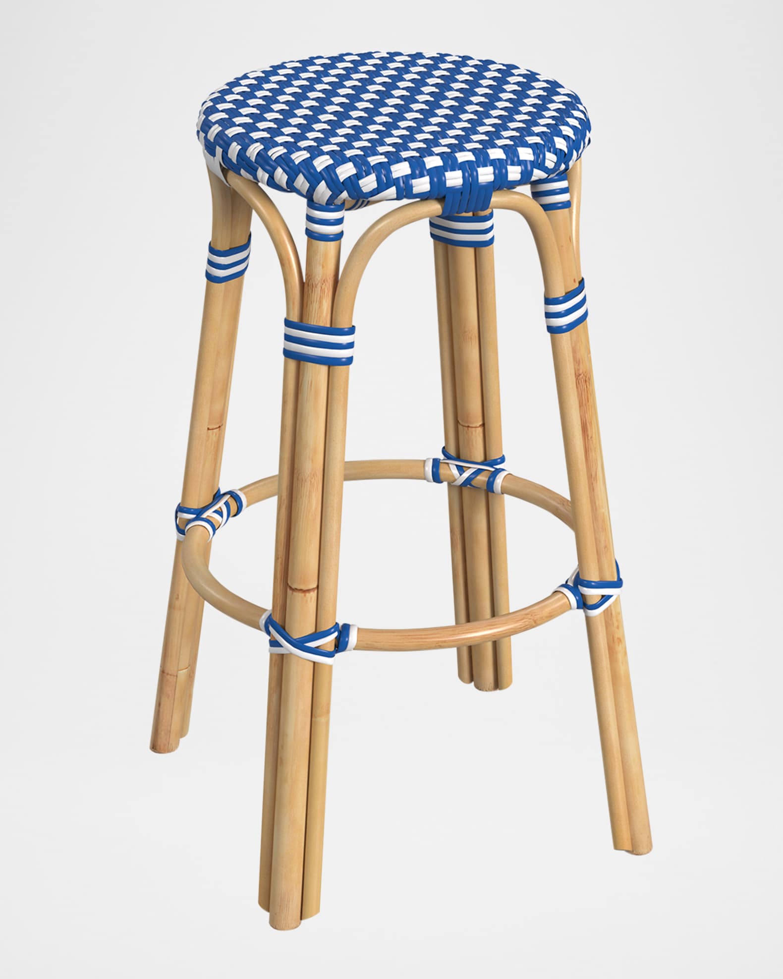 Butler Specialty Co Tobias 30" Rattan Bar Stool, Bright Blue/White Dot ...