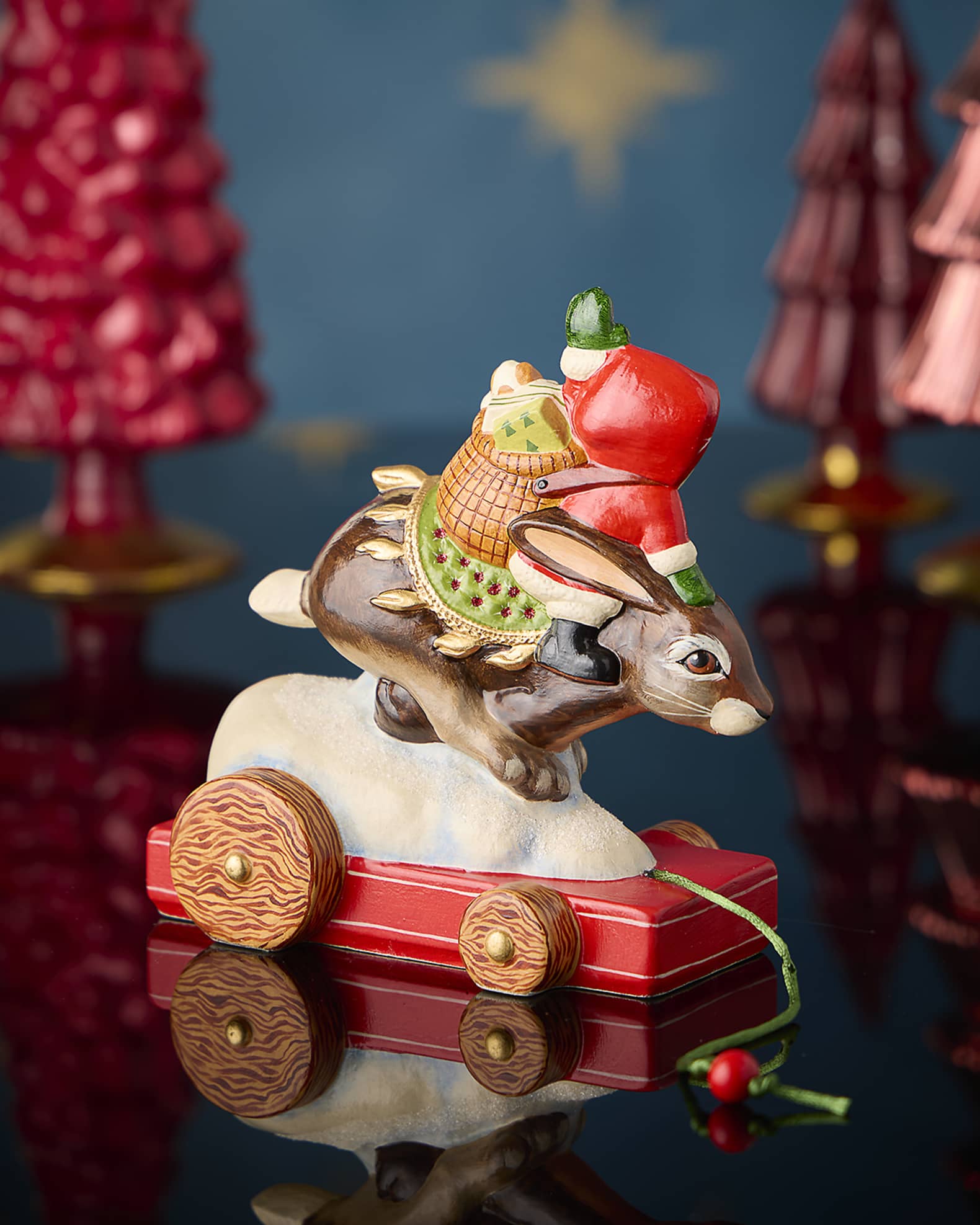 Vaillancourt Folk Art Santa on Rabbit Pull Toy Christmas Figurine | Horchow