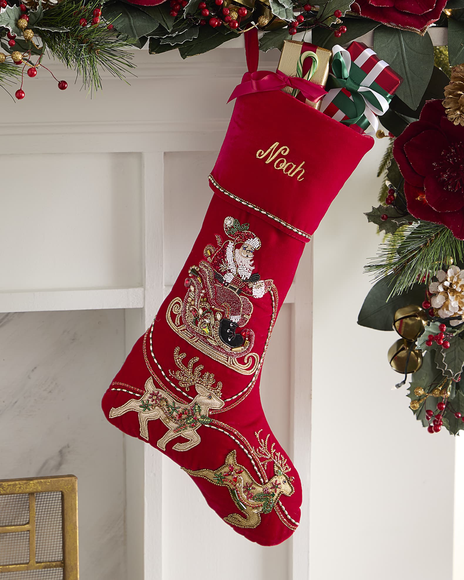 Neiman Marcus Beaded Santa and Reindeer Classic Christmas Stocking ...