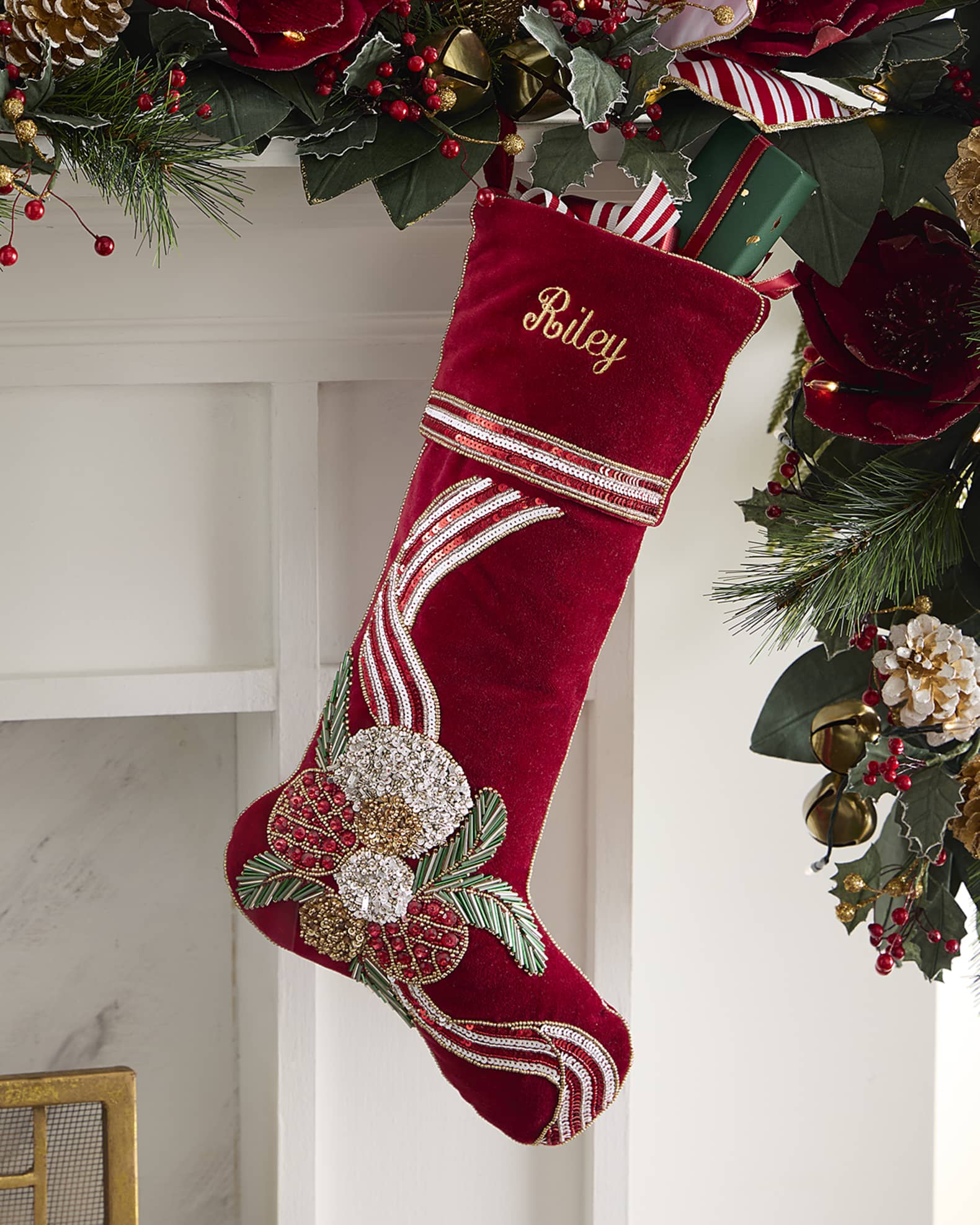 Kim Seybert Beaded Pine Berry Christmas Stocking, Personalized | Horchow